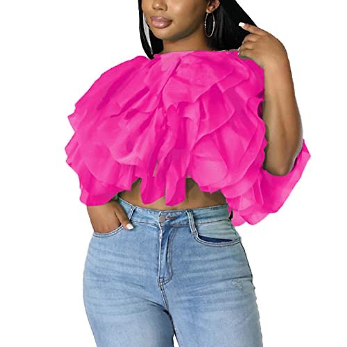 Chiffon Blouses for Women Casual - Solid Short Sleeve Mesh Tulle Blouse Puffy Layered Short Tops Party Prom XX-Large