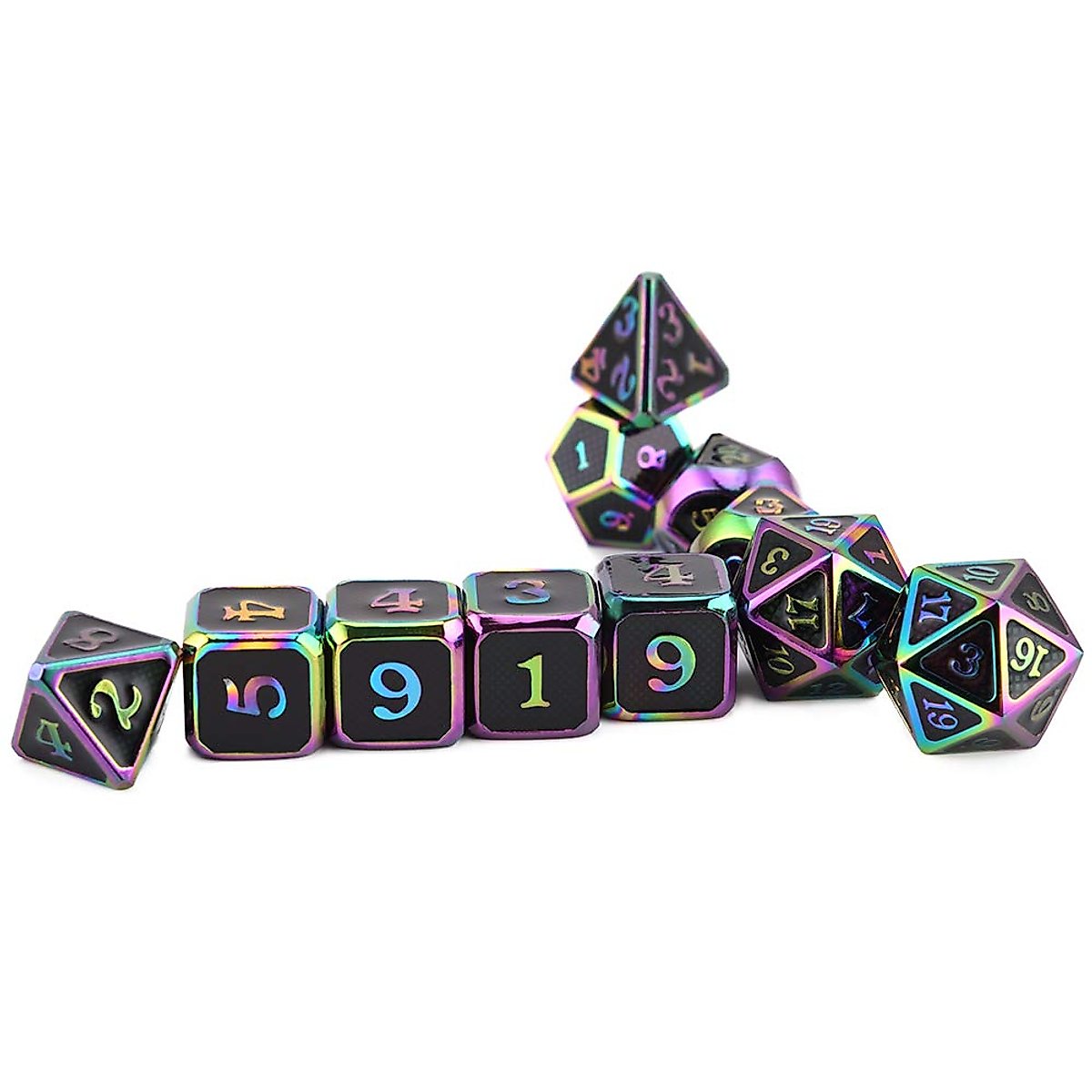 Rainbow Eldritch Cthulhu Scales Metal Dice Set 11 Polyhedral Dice with Metal Box for Dungeons and Dragons (D&D, DND 5 Edition) Call of Cthulhu Warhammer Shadowrun and All Tabletop RPG for Game Lovers.