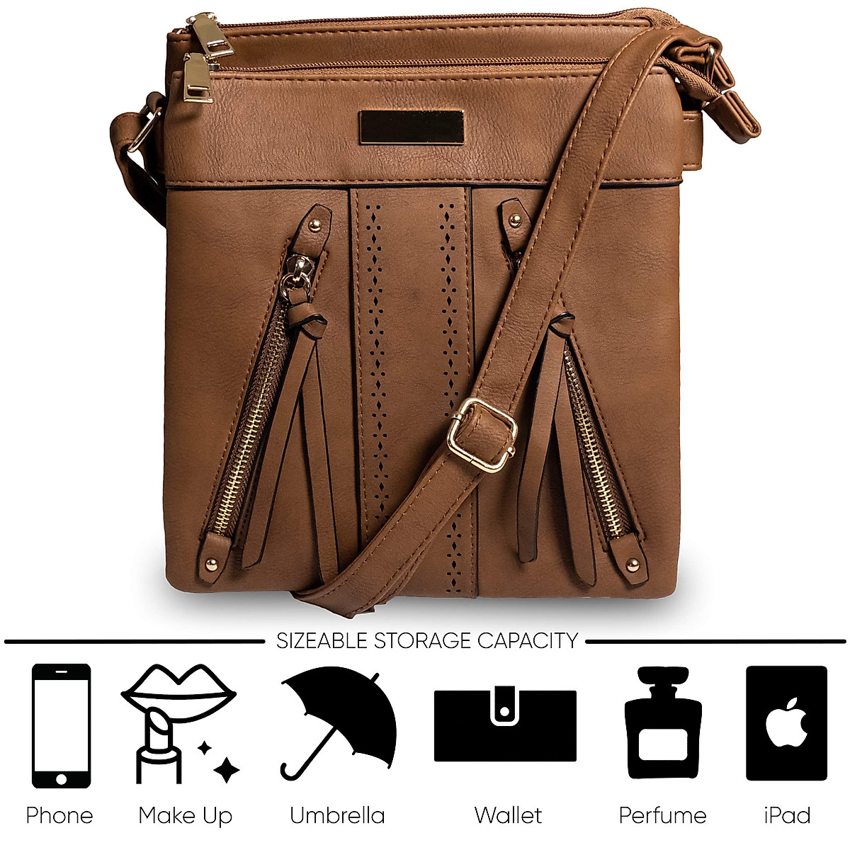 Multi-Pocket Crossbody Bags for Women, Lightweight Purses and Handbags, Vegan Leather Purses for Women with Tassel (Brown)