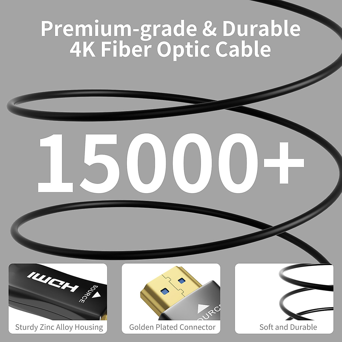 MavisLink 4K Fiber Optic HDMI Cable 50ft, High Speed HDMI 2.0 Cable, 18Gbps, Supports HDR, ARC, Directional Fiber HDMI Cord, Compatible with PS5/Blu-ray/TV Box/HDTV/Projector