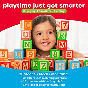 Oaktown Supply Wooden Blocks, 36 Large Stacking and Building Blocks for Toddlers 1-3 Years Old, Colorful Alphabet & Number Icons on Every Side, Educational Toddler Toys