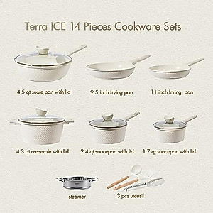 CAROTE 14 Pcs Nonstick Cookware Sets, Pots and Pans Sets Kitchen, Cooking Pots White Induction Non Stick Set w/Frying Pans & Saucepans(PFOS, PFOA Free)