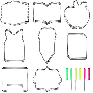 8 Piece Back to School Cookie Cutter Fondant Cutter Shapes Mini Plaque Frame Stainless Steel Biscuit Cutter and 6 Pieces Sugar Stir Needles Sugar Stirring Pins for Kitchen Baking