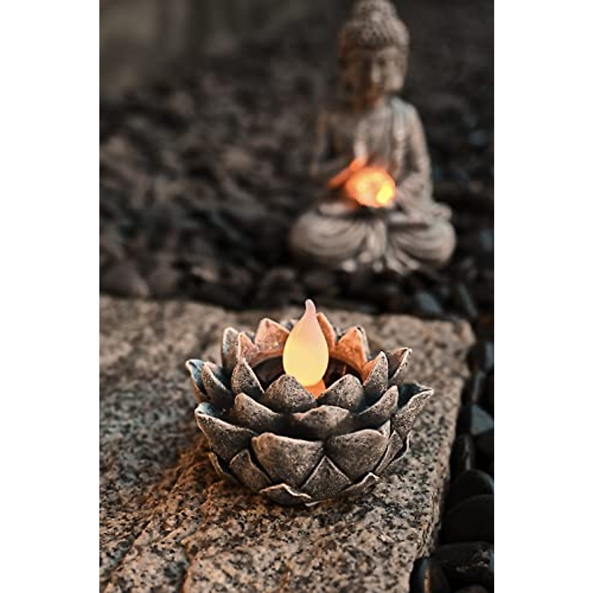 TERESA'S COLLECTIONS Meditating Buddha Statue and Lotus Lantern Garden Statue with Solar Lights, Set of 2 Rustic Buddha Outdoor Statue Spiritual Zen Garden Decor for Patio Porch Yard Decorations