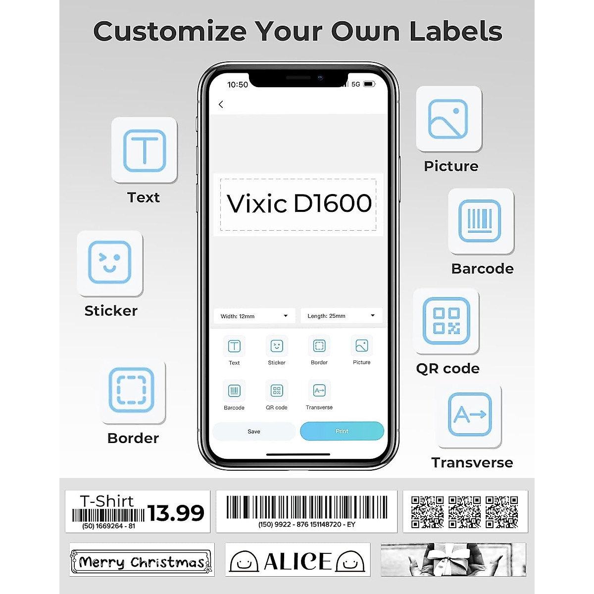 Vixic Label Maker Machine with Tape-Value Bundle includes 4 Label Tapes,D1600 Bluetooth Label Printer, Small Smart Handheld Sticker Mini Labeler, Inkless Rechargeable for Office Home School,Grey