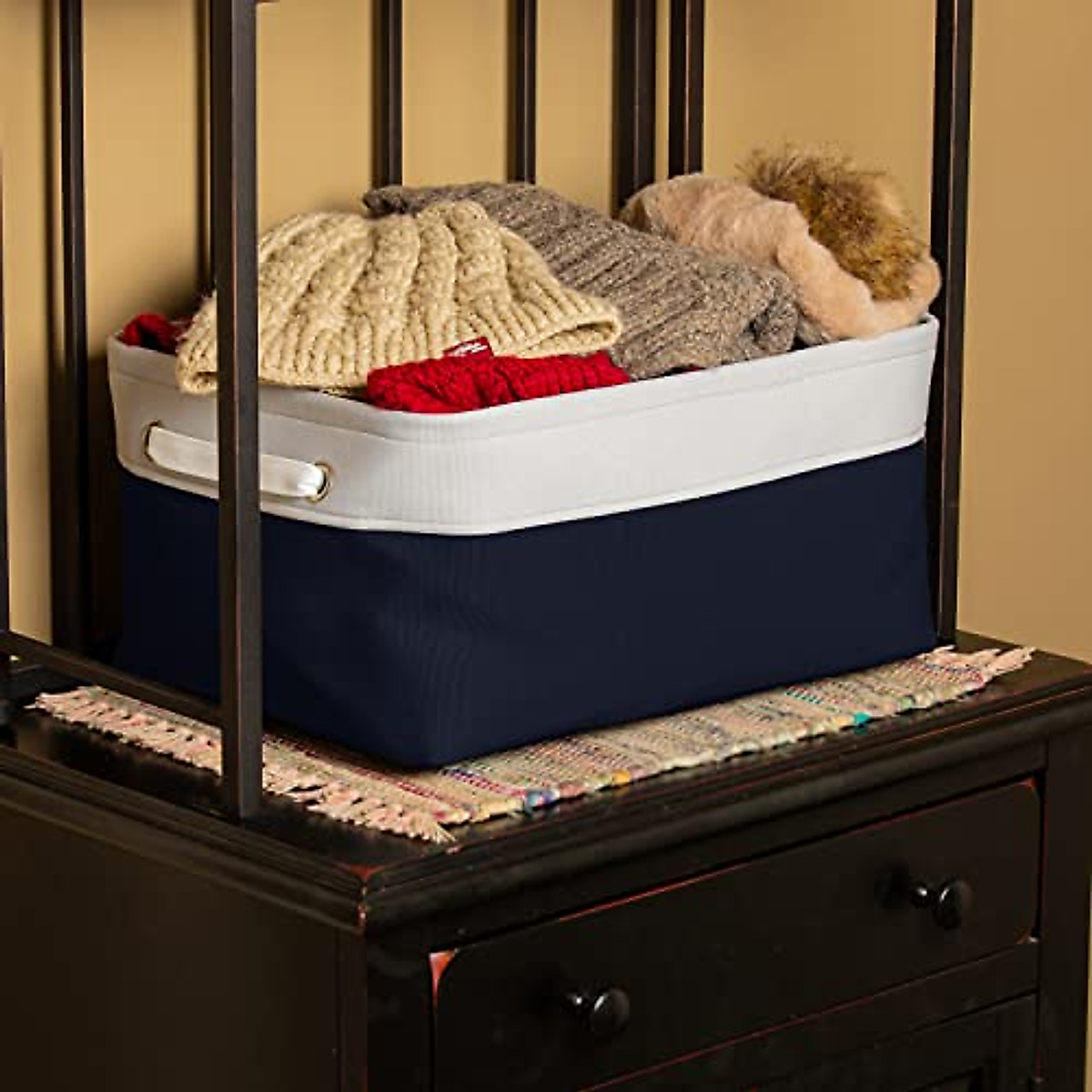 Canvas Storage Basket Organizer, Large | Fabric Rectangular Basket with Handles for Toys, Linen Closet, Clothes | Ideal Cube Storage Bin for Shelves, Navy