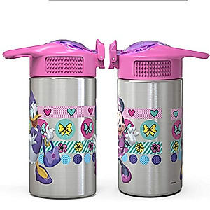 Zak Designs Disney Minnie’s Happy Helpers - Stainless Steel Water Bottle with One Hand Operation Action Lid and Built-in Carrying Loop, Kids Water Bottle with Straw Spout (15.5 oz, 18/8, BPA Free)