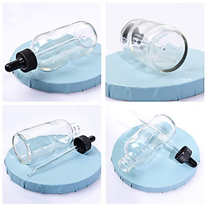 HWASHIN 12 Pack 4oz Clear Glass Bottles with Glass Eye Droppers for Essential Oils, Perfumes & Lab Chemicals (1 Brush, 2 Funnels, 2 Extra Droppers, 24 Pieces Labels & 30ml Measuring Cup Included)