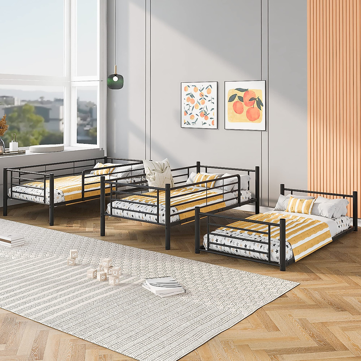 Majnesvon Metal Twin Size Triple Bunk Bed, Twin-Over-Twin-Over-Twin Triple Bed Frame Can be Split into 3 Bed with Built-in Ladder and Guardrails for Teens, Boys, Girls (Black)