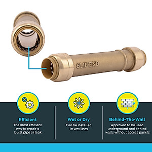 SharkBite 1/2 Inch Slip Coupling, Push to Connect Brass Plumbing Fitting, PEX Pipe, Copper, CPVC, PE-RT, HDPE, U3008LFA