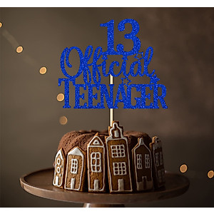 Blue Glitter 13 Official Teenager Cake Topper, Cheers to 13 Years Decor, 13th Birthday Party Decorations