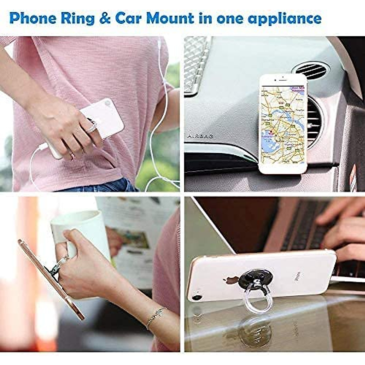 AirFly Phone Finger Ring Holder, 4 in 1, Universal Metal Phone Ring, Table Stand Kickstand, Car Vent Mount, Finger Grip Compatible All Smartphones, Black Matte