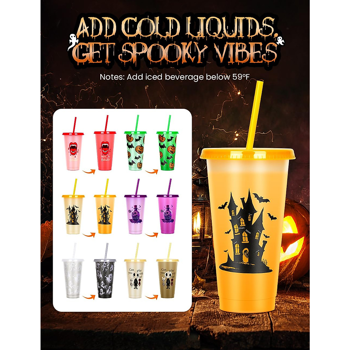 Cessfle Halloween Color Changing Cups with Lids and Straws, 6 Pack 24oz Plastic Halloween Tumblers Set Halloween Bulk Party Cups, Reusable Cups with Lids and Straws for Halloween Party Favors…
