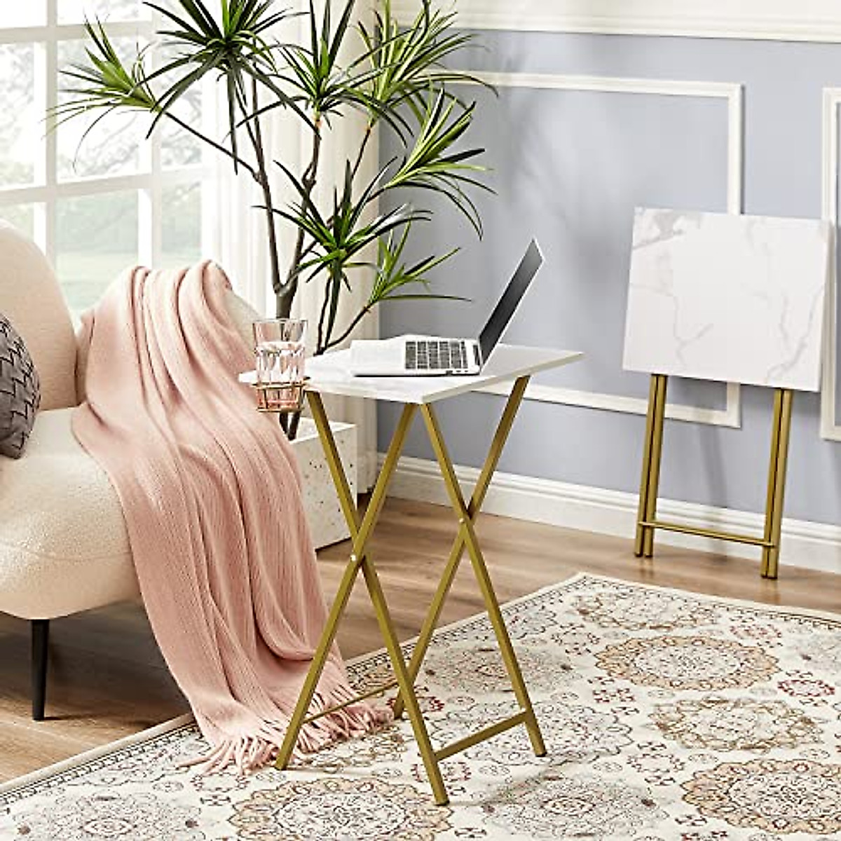 VECELO Foldable TV Tray Portable Wooden Snack Table for Livingroom, Bedroom, Office, Tiny Desk, Golden