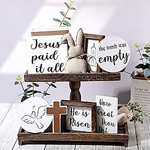 8 Pieces Christian Easter Decorations Farmhouse Religious Easter Tiered Tray Decor He Is Risen Wooden Signs Bunny for Rustic Home Kitchen Table Coffee Bar Decor