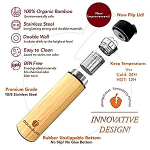 Dounguri Bamboo Thermos with Tea Infuser & Strainer 19oz capacity - Keeps Hot & Cold for 12 Hrs - Vacuum Insulated Stainless Steel Travel Tea Tumbler Infuser Bottle for Loose Leaf Tea & Coffee