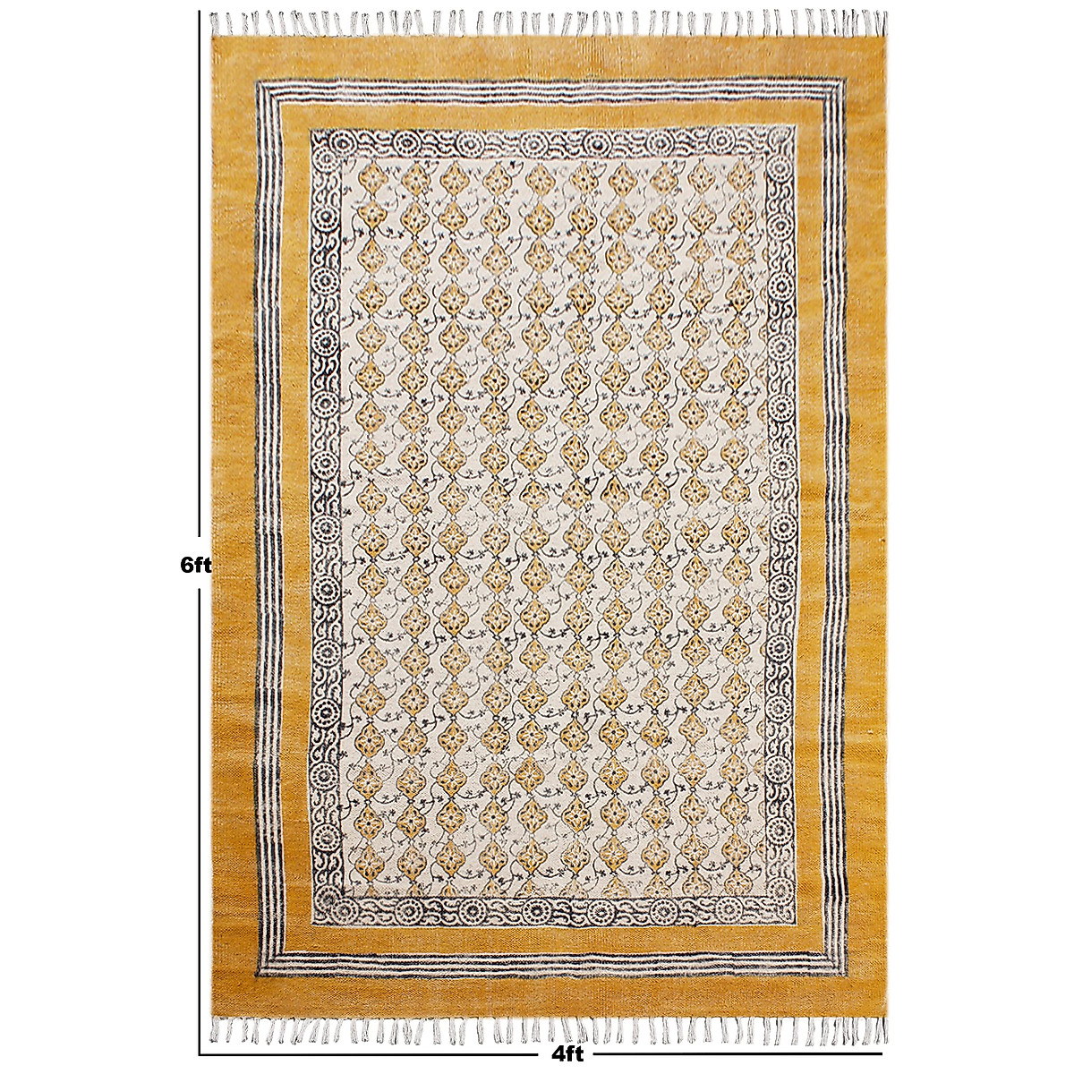 CASAVANI Collection Rectangular Rug - 5x7 Ft Musterd Yellow Cotton Dhurrie Floral Kilim Rug Indoor Outdoor Use Carpet Flatweave Rug High Traffic Area in Bedroom Dining Room Living Room