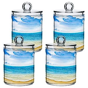 Blueangle 4 Pack Watercolor Sea Beach Qtip Holder Dispenser for Cotton Ball, Cotton Swab - Plastic Apothecary Jar Set for Bathroom Canister Storage Organization（672）