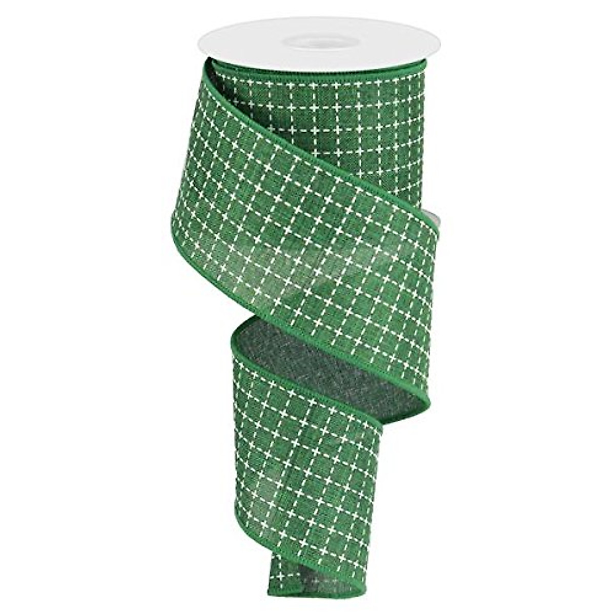 Emerald Green White Raised Stitched Squares Wired Ribbon (2.5 Inches x 10 Yards)