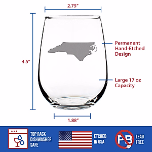 North Carolina State Outline Stemless Wine Glass - State Themed Drinking Decor and Gifts for North Carolinian Women & Men - Large 17 Oz Glasses