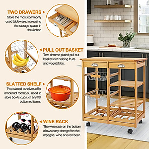 Nova Microdermabrasion Kitchen Island Cart with Storage, Rolling Side Table on Wheels with 2 Drawers, 3 Shelves, Lockable Casters for Dining Room, Bar