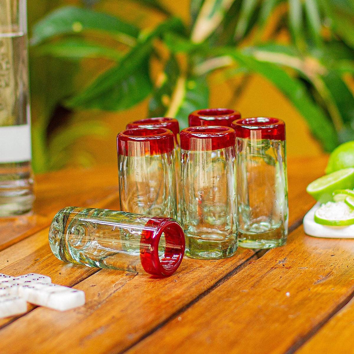 NOVICA Hand Blown Red Clear Recycled Glass Shot Glasses, 2 Oz 'Ruby Shot' (Set Of 6),3.7" H x 1.6" Diam.