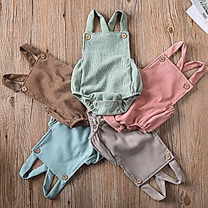 Kuriozud Infant Baby Boy Girl Corduroy Romper Plain Bodysuit Crossback Strap Clothes (Coffee, 12-18 Months)
