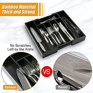 Gymnacy Utensil Organizer Silverware Drawer Organizer, Extra Deep, Non-Slip Feet, 7 Slots Bamboo Silverware Tray For Kitchen Cutlery Office Supplies Makeup Desk Storage (Black)