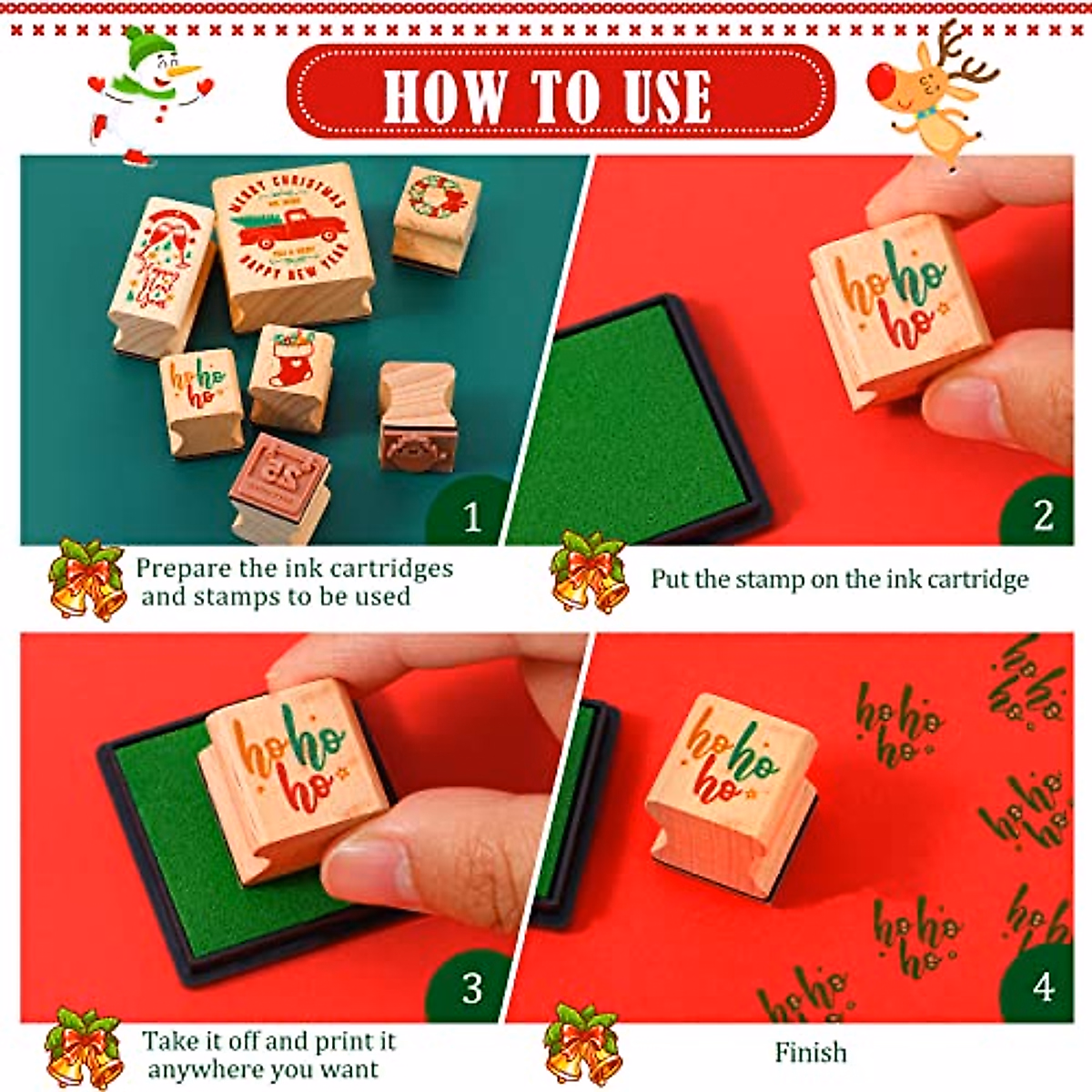 48 Pieces Christmas Stamps for Kids Wooden Rubber Stamps with Ink Pad Colored Pencil Ink Pad Colouring Pencil Art Supplies Set for DIY Party Favor Gift (Lovely Style)