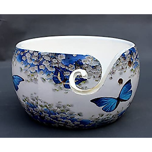 Handmade Wooden Yarn Bowl Crocheting Bowl Round Knitting Wool Storage Yarn Bowl Handmade with Holes with Crochet Hooks for Crocheting Knitting DIY Crafts Tools (Butterfly)