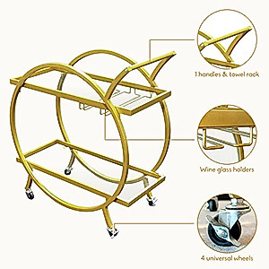 SMARTISBEAUTY Gold Bar Cart, 2-Tier Rolling Mobile Home Bar and Serving Beverage Carts with Glass Holdler, Modern Metal Wine Cart with Lockable Wheels 28" W x 14" D x 31”H