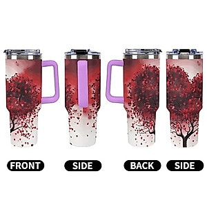LLUTSNTH 40 Oz Vacuum Tumbler with Violet Handle Leakproof Insulated Tumbler Red Love Heart Tree Stainless Steel Travel Mug with Lid And Straw Coffee Cup Cute Water Bottles Cup Holder Friendly