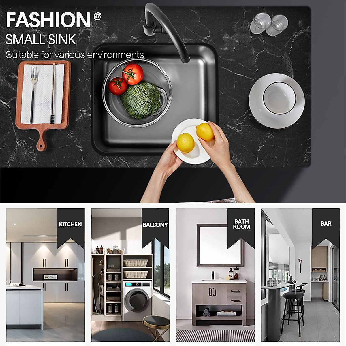 ECTbicyk Stainless Steel Bar Sink,16inch Single Bowl Kitchen Sink, Drop-in kitchen sink with Accessories（black）