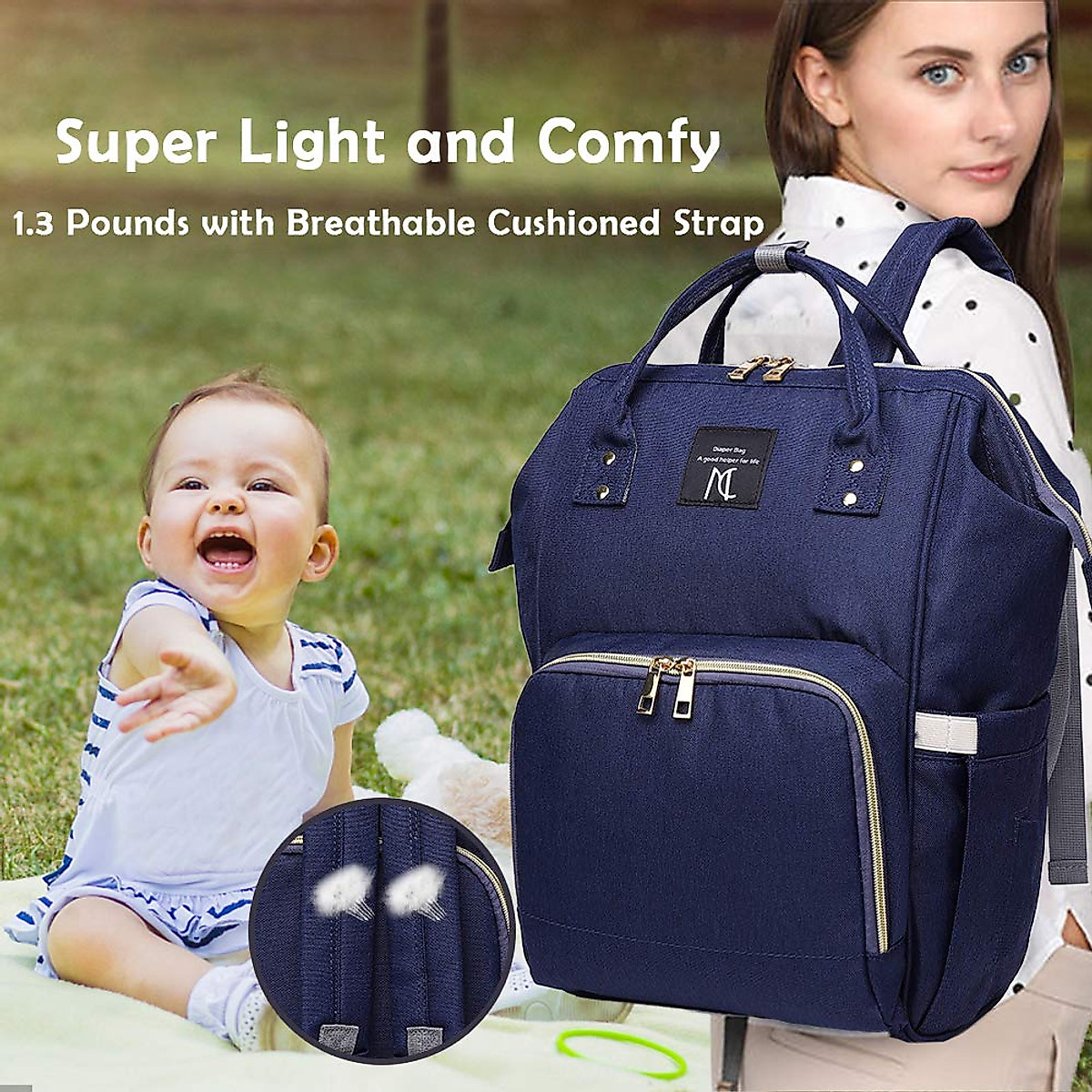 Diaper Bag Backpack Water-resistant, Nanrui 25L Roomy Nappy Bag for Baby Boy and Girl Men Backpack Travel Back Pack with 2 Stroller Straps- Navy Blue