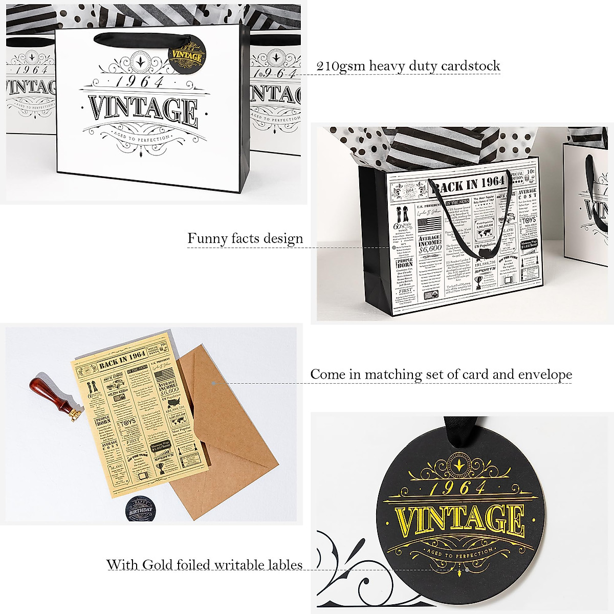 Crisky 60th Birthday Gift Wrap Bag Vintage 1964 with 60th Birthday Card Matching Envelope Sticker and Tissue Paper for Women/Men/Wife/Husband/Mom/Dad, 13" x 10" x 5"