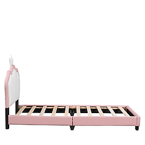 Aiuyesuo Elegant Twin Size Upholestered Princess Bed with Crown Headboard, PU Leather Platform Bed with Sturdy Slatted Support for Kids Girls Teens (Pink+White-Twin)