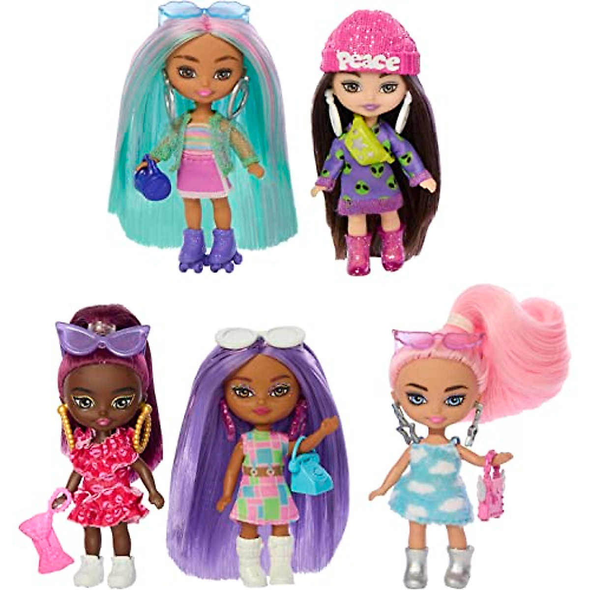 Barbie Five Barbie Dolls, Barbie Extra Mini Minis Bundle, Small Dolls with Colorful Fashions and Accessories