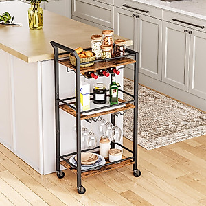 HOOBRO Bar Cart, Home Bar Serving Cart with 3-Tier Mirrored Shelf, Microwave Cart, Drink Cart, Mobile Kitchen Shelf with Wine Rack, Rolling Beverage Cart, Rustic Brown and Black BF38TC01