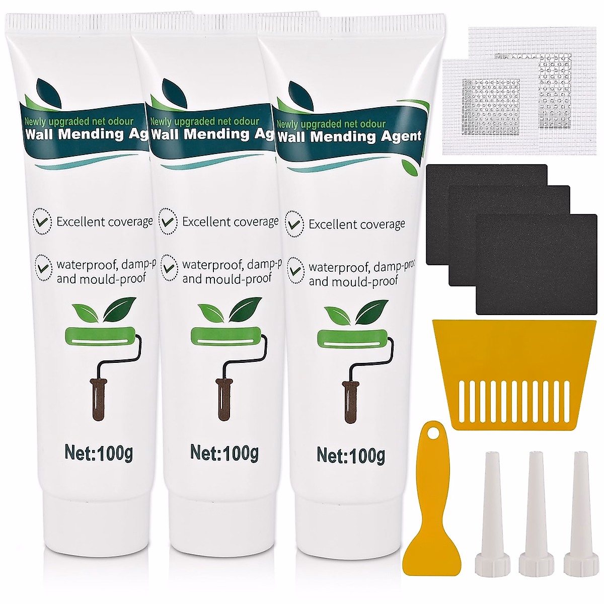 Faburo 3 Pack Drywall Repair Kit, Wall Mending Agent(100g*3), Spackle Wall Repair Patch Kit with Scraper, Drywall Repair Clips Dry Wall Patch Kits Fast-Drying Wall Patch Repair Kit