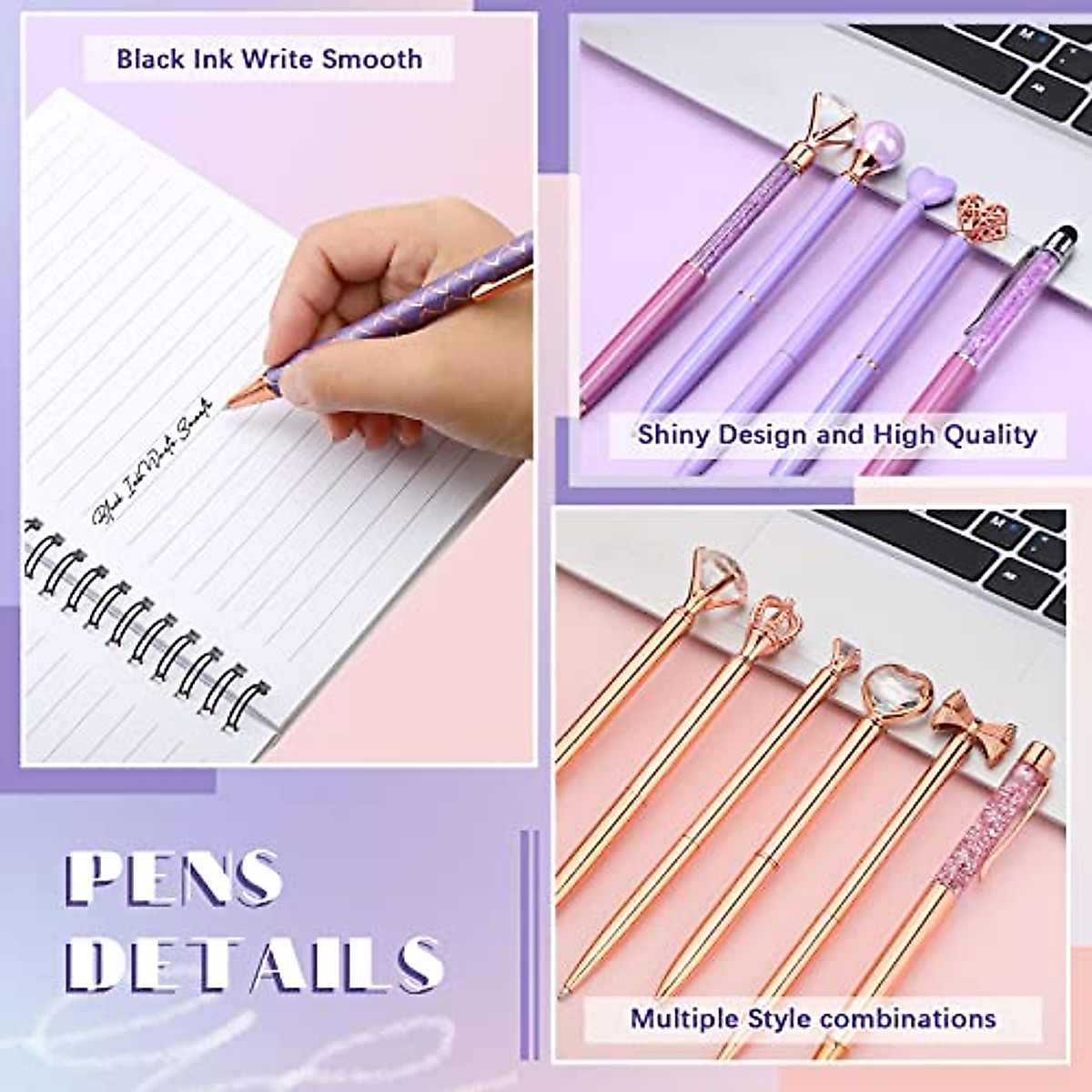 Yingzhao 20 Pcs Ballpoint Pens Set Metal Crystal Diamond Pen Liquid Sand Glitter Pen Pretty Cute Pens for Journaling Black Ink Retractable Fancy Pens Gifts for Women School Wedding (Purple, Rose Gold)