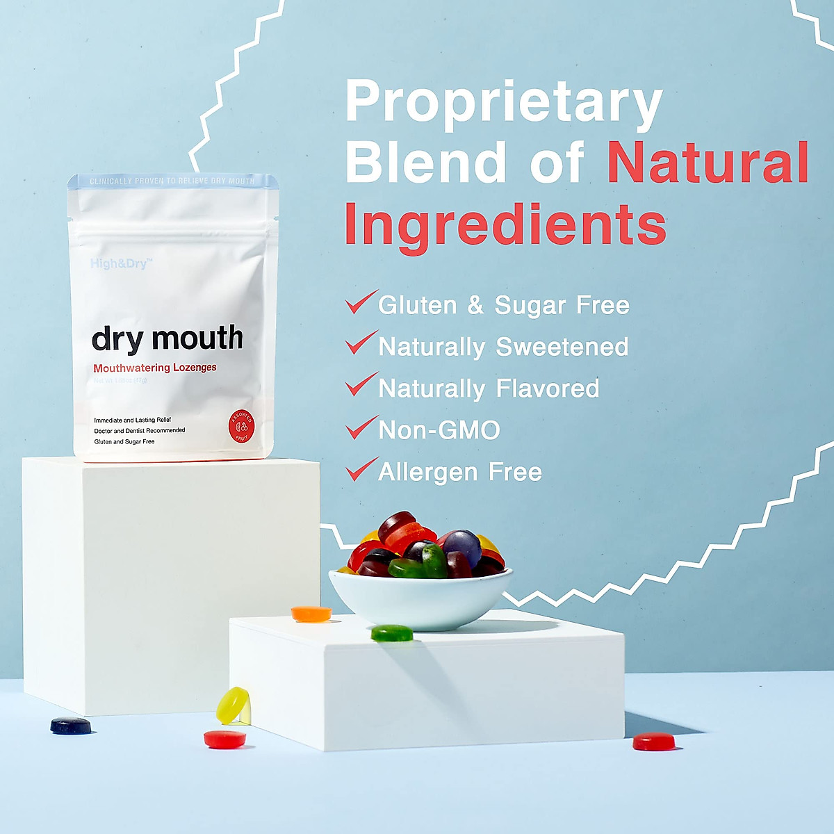 High&Dry - Dry Mouth Lozenges, Helps Stimulate Salivary Flow, Targets Dry Mouth Issues Like Bad Breath, Supports Healthy Gums and Throat, Gluten-and-Sugar-Free Candies, Oral Care Package, 47g