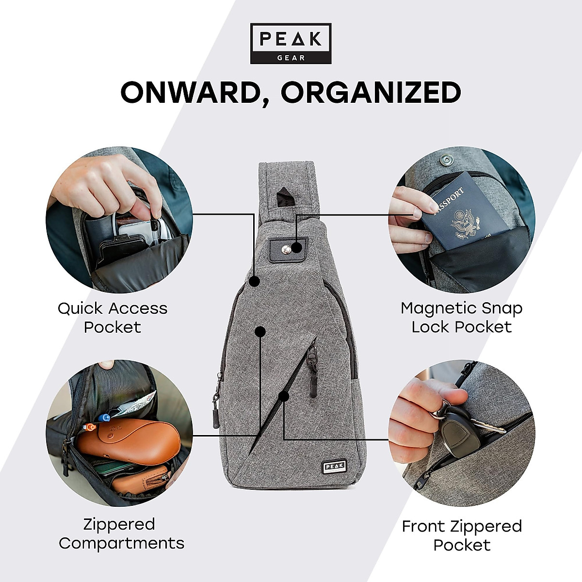 Peak Gear Travel Sling Bag. Compact Crossbody Bag | Lighter and Smaller than a Backpack | Lifetime Lost & Found ID Tag | Gray