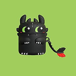 ZOSTLAND Cute Earphone AirPods Case, Long Tail Sitting Dragon Thick Soft Portable Silicone Protective Shockproof Skin Cover Box Compatible with Apple AirPods 2&1 Charging Station Case (Dragon Black)