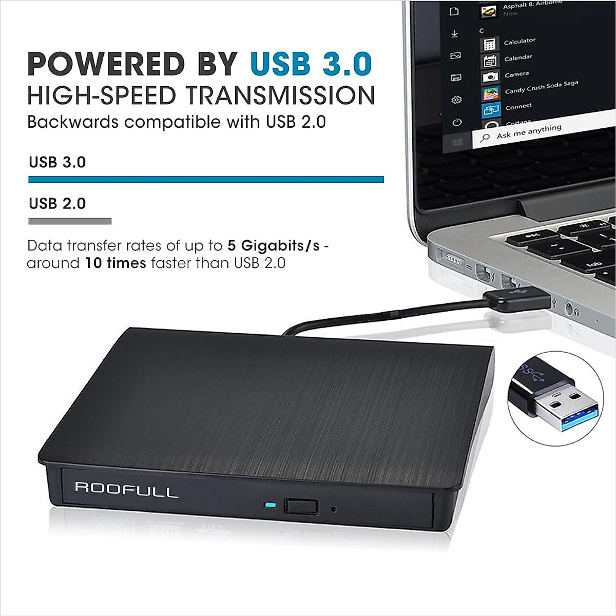 ROOFULL External CD DVD Drive USB 3.0 Portable DVD & CD-ROM +/-RW Player Burner Reader Writer Rewriter Adapter Optical Disc Drive for Laptop PC Windows 11/10/8/7 Mac Linux Desktop Computer