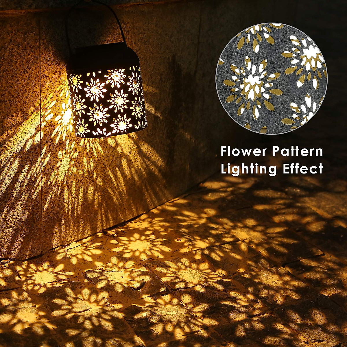 2 Pack Hanging Solar Lanterns, Tomshine Outdoor Lantern Warm White Waterproof Metal Patio Decor for Garden Landscape Yard Decoration (Flower Pattern)