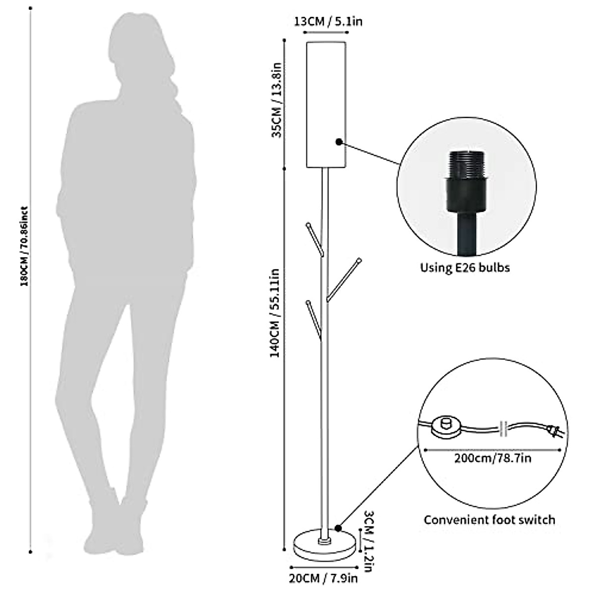 ELINKUME LED Floor Lamp for Living Room,67" Modern Floor Lamp with Remote,Dimmable RGB Clothes Hanging Standing Lamp-Remote & WiFi APP Controlled, Includes 9W Bulb for Bedroom,Corner Space