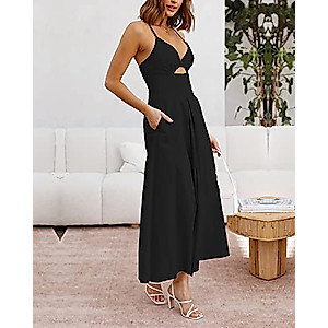 BTFBM Women 2023 Summer Spaghetti Strap Dress Sleeveless V Neck Cutout Slit Casual Beach Party Maxi Dresses with Pockets(Solid Black, X-Large)
