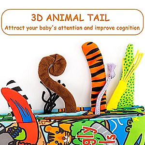 HECCEI Baby Cloth Books, Soft Toys Cloth Books, Touch and Feel Crinkle Books, Early Development Baby Stroller/Crib Hanging (Jungly Tails Cloth Book)