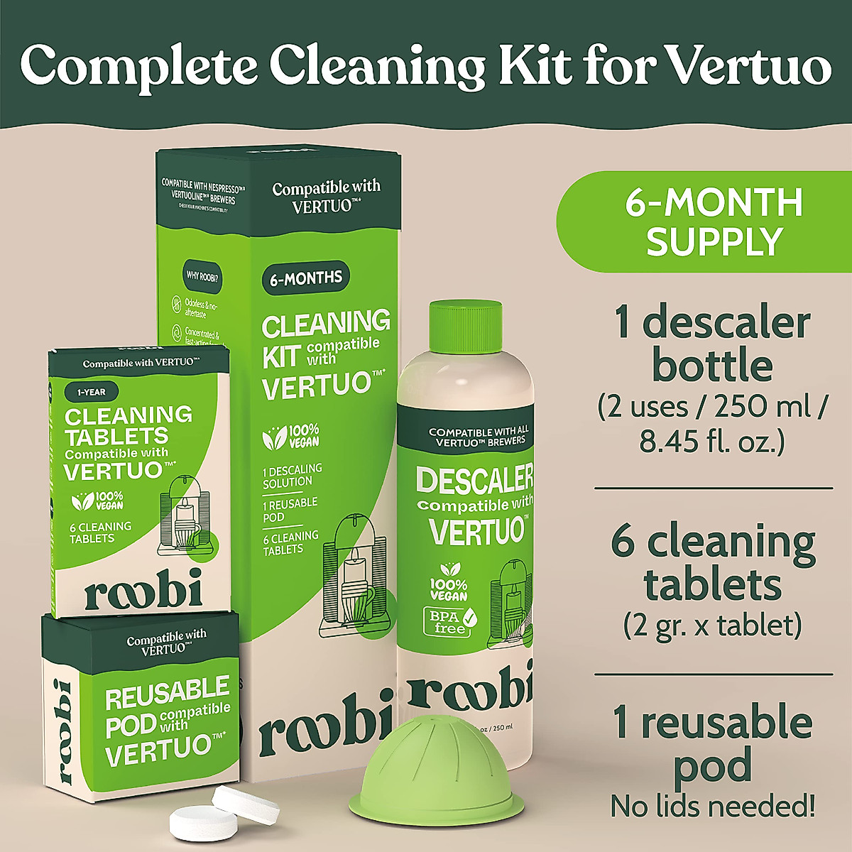 Nespresso Compatible Vertuo Cleaning & Descaling Kit. Includes 1 Bottle of Descaling Solution, 6 Cleaning Tablets and 1 Reusable Pod. Carbon Neutral Vertuoline Maintenance Kit. 6 Month Supply.