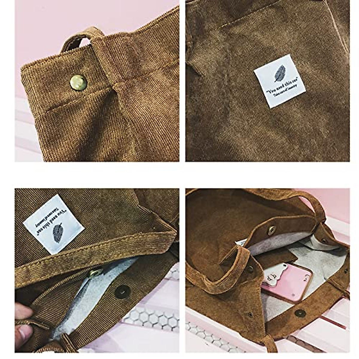 Corduroy Tote Bag Casual Shoulder Bags with Inner Pocket Pearl Bracelet Pendant Handbags Purse for Beach Shopping Travel Work for Women Girls (2PCS(Gray+Brown))